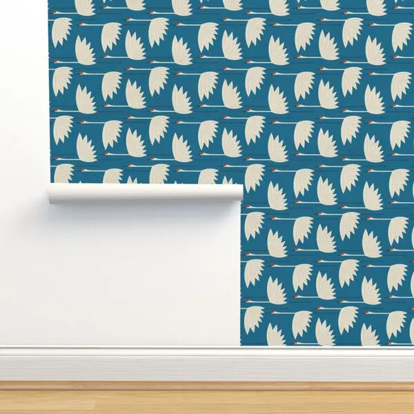 Spoonflower Sandhill Cranes Lg Classic 100% Natural Sisal Grasscloth Wallcovering - Blue