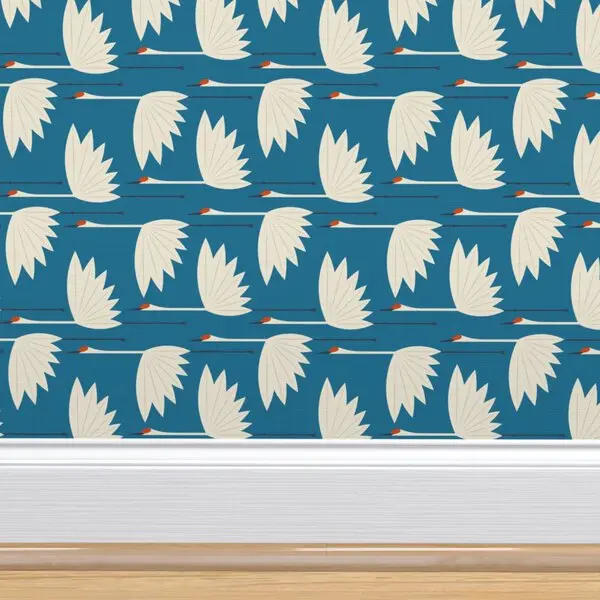 Spoonflower Sandhill Cranes Lg Classic 100% Natural Sisal Grasscloth Wallcovering - Blue