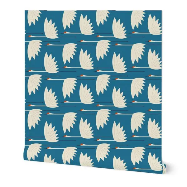 Spoonflower Sandhill Cranes Lg Classic 100% Natural Sisal Grasscloth Wallcovering - Blue