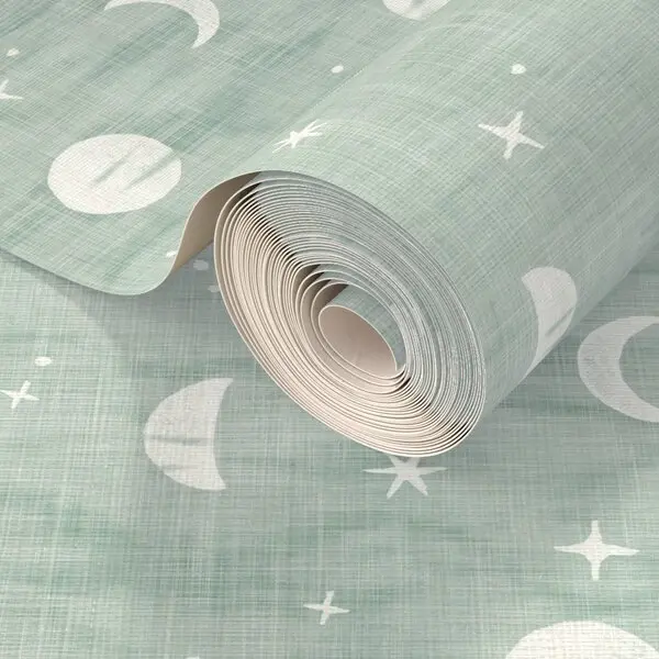 Spoonflower Shibori Moons And Stars In Sea Mist Night Sky 100% Natural Sisal Grasscloth Wallcovering - Green,blue