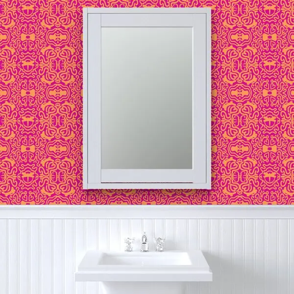 Spoonflower Pink Orange Hearts Rabbit Bunny Art Folk Custom Pre-pasted Wallpaper - Pink,orange,red