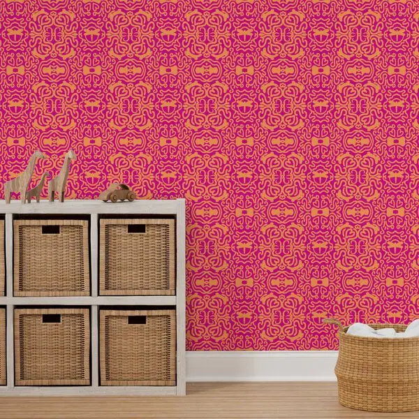 Spoonflower Pink Orange Hearts Rabbit Bunny Art Folk Custom Pre-pasted Wallpaper - Pink,orange,red