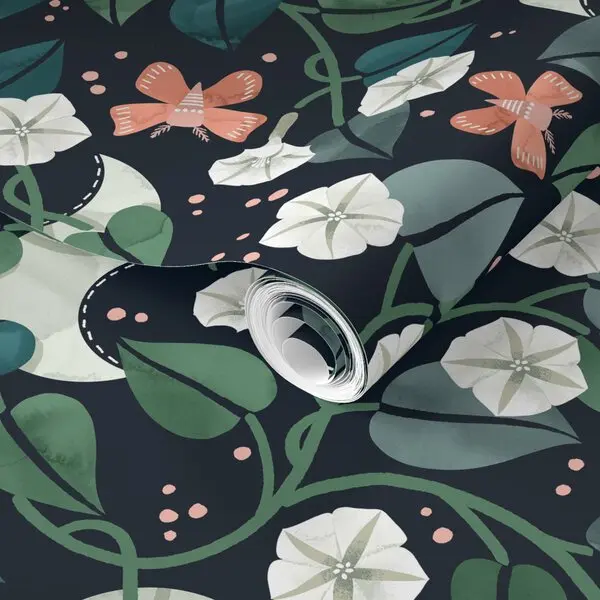 Spoonflower Flower White Blue Leaves Floral Dark Custom Removable Wallpaper - Green,white,blue