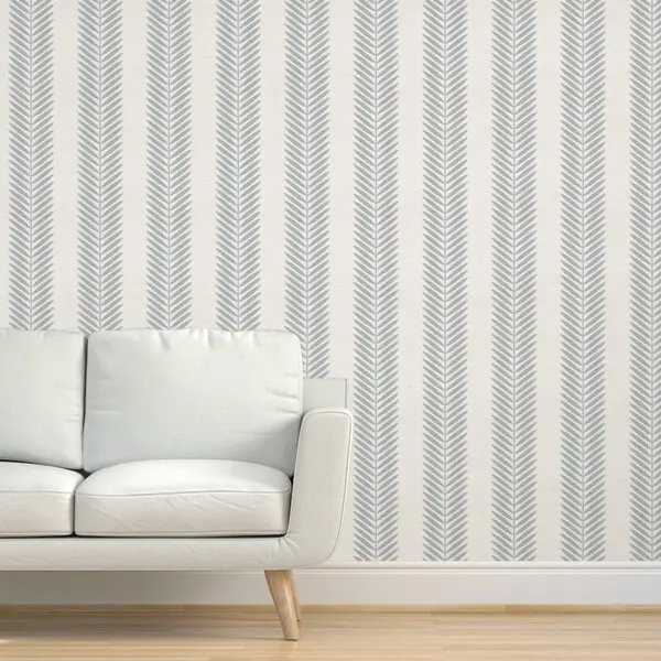 Spoonflower Reverse Laurel Leaf Quiet And White 100% Natural Sisal Grasscloth Wallcovering - Blue