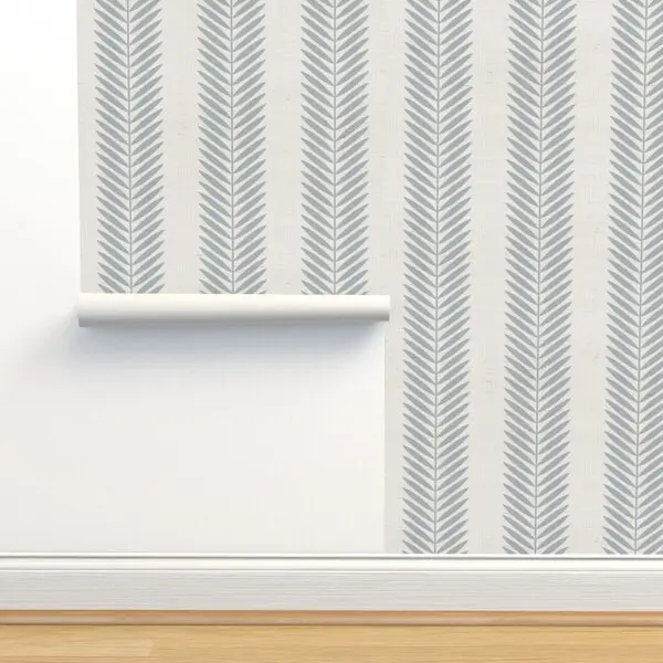 Spoonflower Reverse Laurel Leaf Quiet And White 100% Natural Sisal Grasscloth Wallcovering - Blue