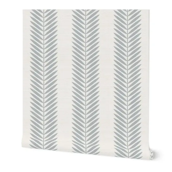 Spoonflower Reverse Laurel Leaf Quiet And White 100% Natural Sisal Grasscloth Wallcovering - Blue