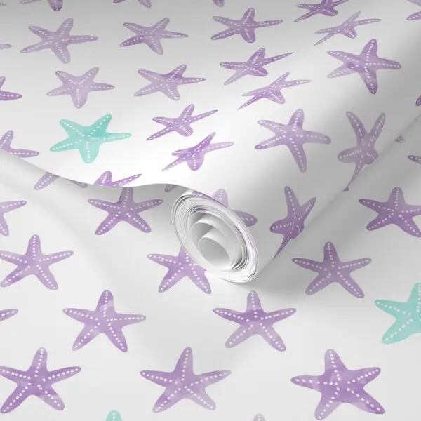 Spoonflower Starfish Purple Mermaid Coordinate Aqua Beach Traditional Wallpaper - Purple,gray
