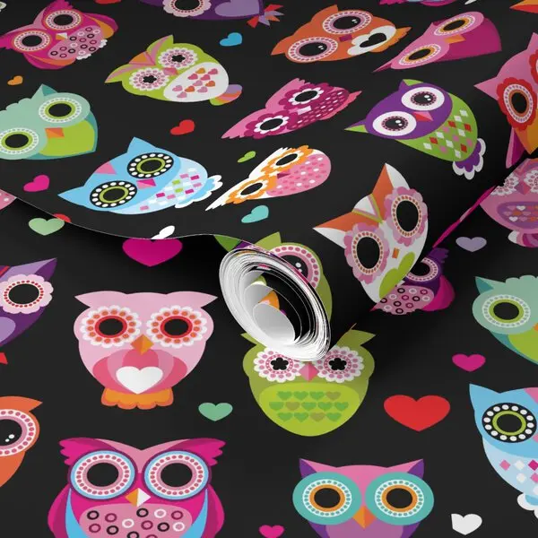 Spoonflower Retro Colorful Owls Best Owl Print Summer Colors Traditional Wallpaper - Black,pink,brown
