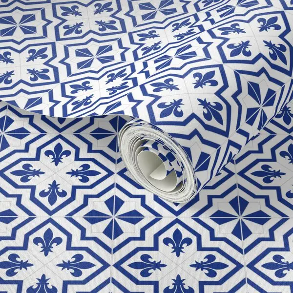 Spoonflower Delft Fleur Blue White Geometric Pattern Cobalt Custom Pre-pasted Wallpaper - Blue,white,green