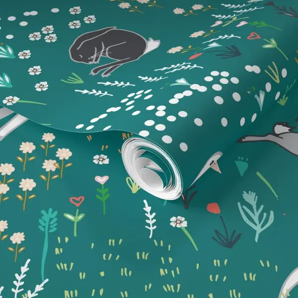 Spoonflower Bunny Field Teal Garden Wildflowers Rabbit Farm Traditional Wallpaper - Green,blue,teal