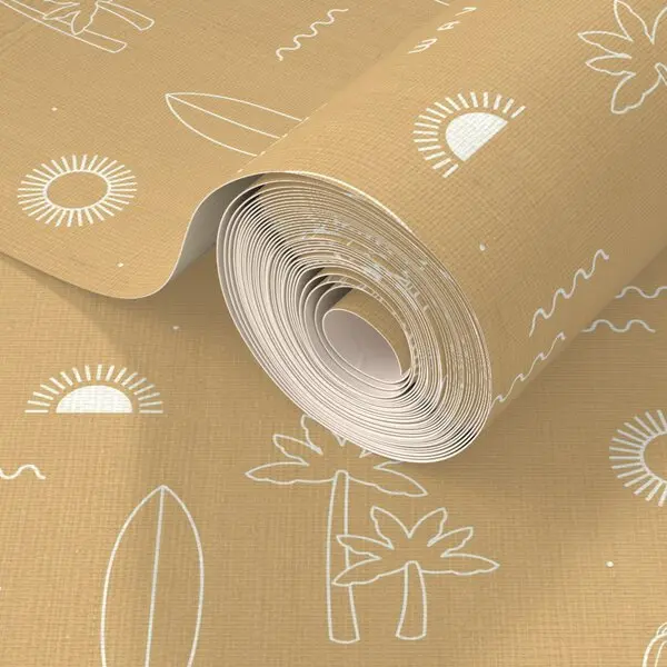Spoonflower Surf Island Vibes Hippie Van And Palm Trees 100% Natural Sisal Grasscloth Wallcovering - White