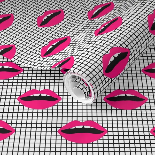 Spoonflower Love Lips Lipstick Grid Black White Memphis Trendy Custom Pre-pasted Wallpaper - Black,gray