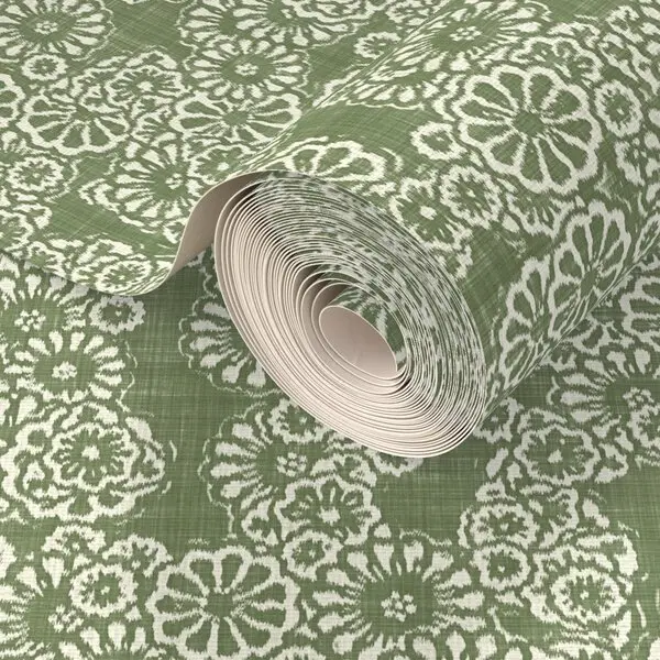 Spoonflower Sage Boho Ikat Flowers 100% Natural Sisal Grasscloth Wallcovering - Green,sage