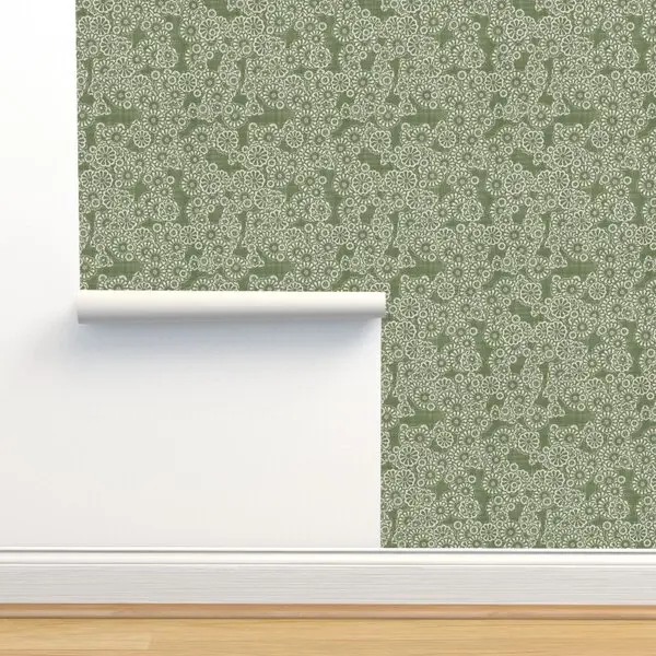 Spoonflower Sage Boho Ikat Flowers 100% Natural Sisal Grasscloth Wallcovering
