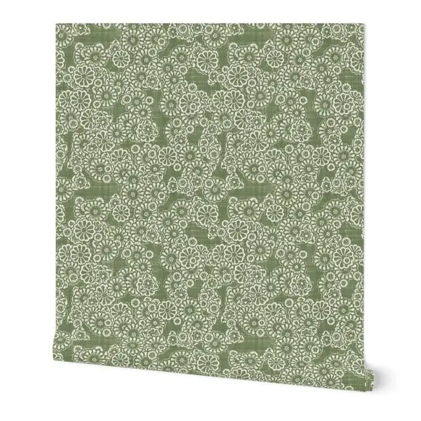 Spoonflower Sage Boho Ikat Flowers 100% Natural Sisal Grasscloth Wallcovering