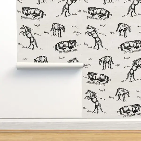 Spoonflower Scribble Horses Double Db 100% Natural Sisal Grasscloth Wallcovering - Black,white