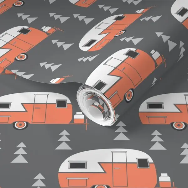 Spoonflower Vintage Retro Camp Charcoal Camping Camper Trailer Custom Pre-pasted Wallpaper - Gray,pink