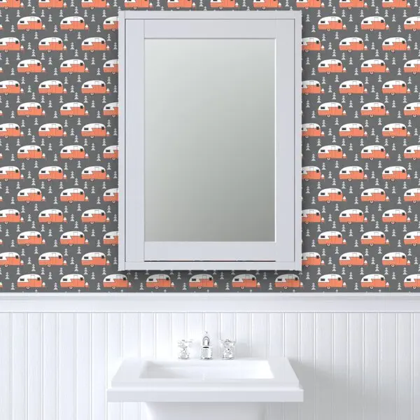 Spoonflower Vintage Retro Camp Charcoal Camping Camper Trailer Custom Pre-pasted Wallpaper