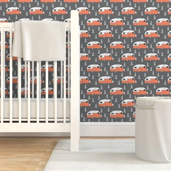 Spoonflower Vintage Retro Camp Charcoal Camping Camper Trailer Custom Pre-pasted Wallpaper