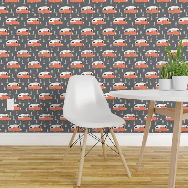 Spoonflower Vintage Retro Camp Charcoal Camping Camper Trailer Custom Pre-pasted Wallpaper