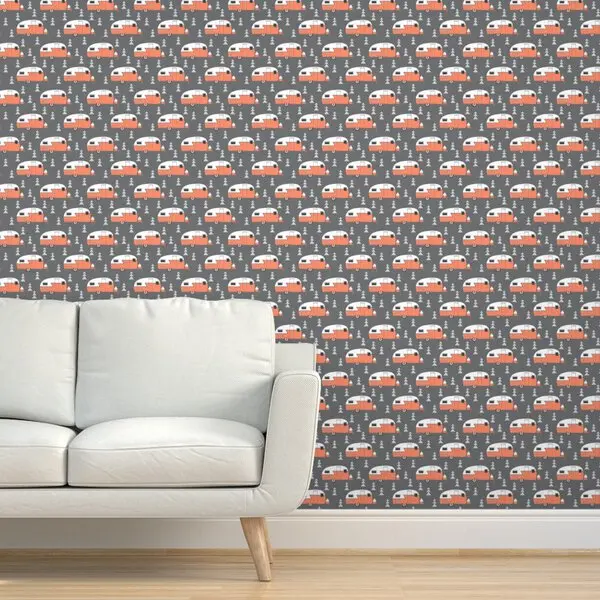 Spoonflower Vintage Retro Camp Charcoal Camping Camper Trailer Custom Pre-pasted Wallpaper