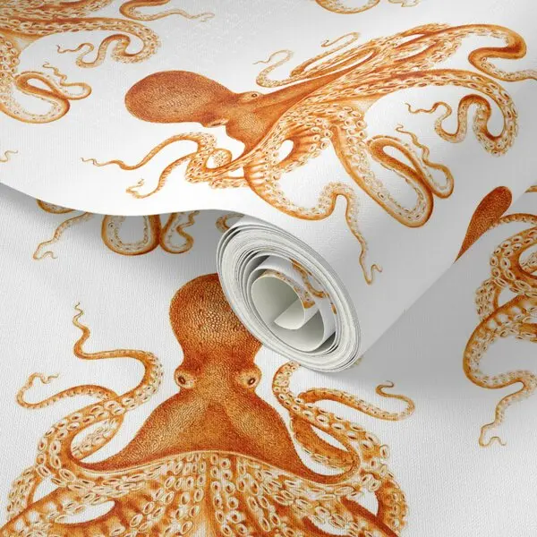 Spoonflower Octopus Orange Vintage Ocean Coastal Tangerine Sea Custom Pre-pasted Wallpaper - Orange,white,gray