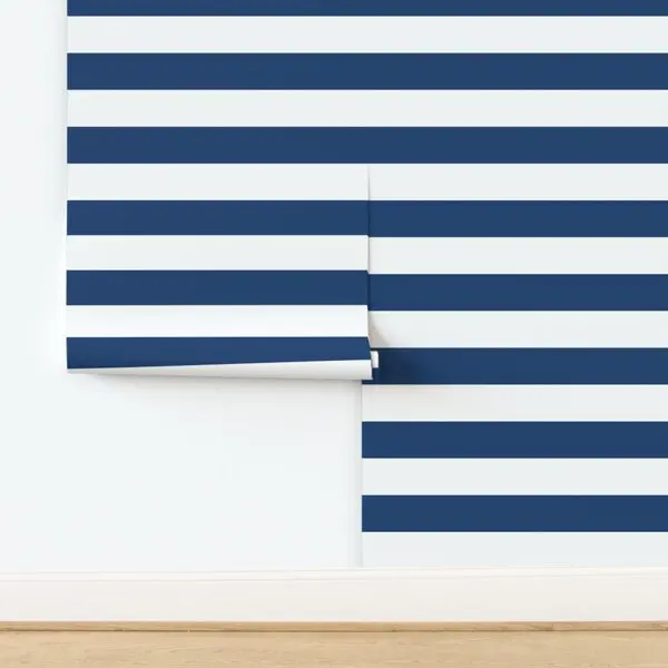Spoonflower Nautical Stripes Navy Blue White Custom Pre-pasted Wallpaper