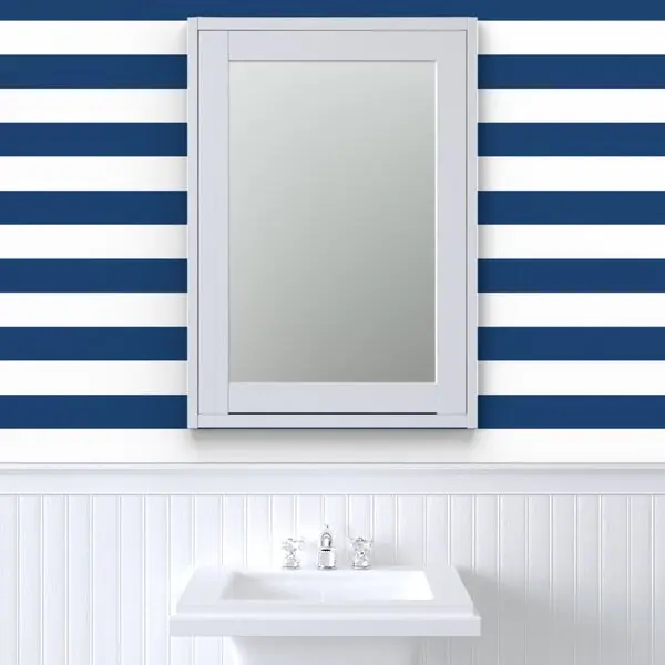 Spoonflower Nautical Stripes Navy Blue White Custom Pre-pasted Wallpaper