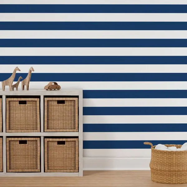 Spoonflower Nautical Stripes Navy Blue White Custom Pre-pasted Wallpaper