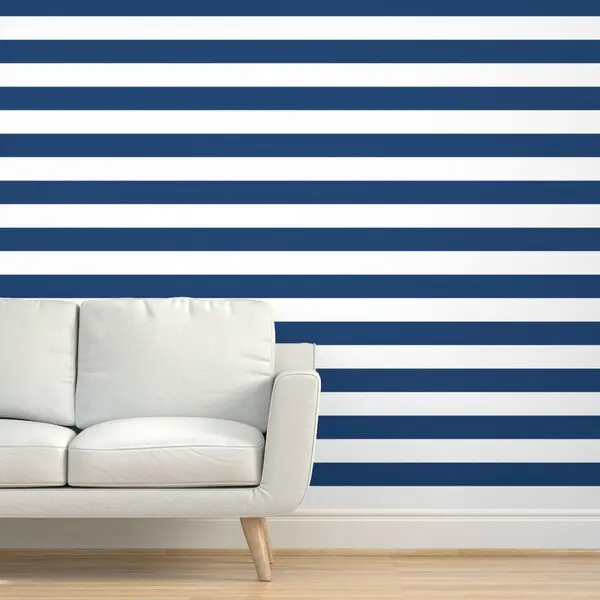 Spoonflower Nautical Stripes Navy Blue White Custom Pre-pasted Wallpaper