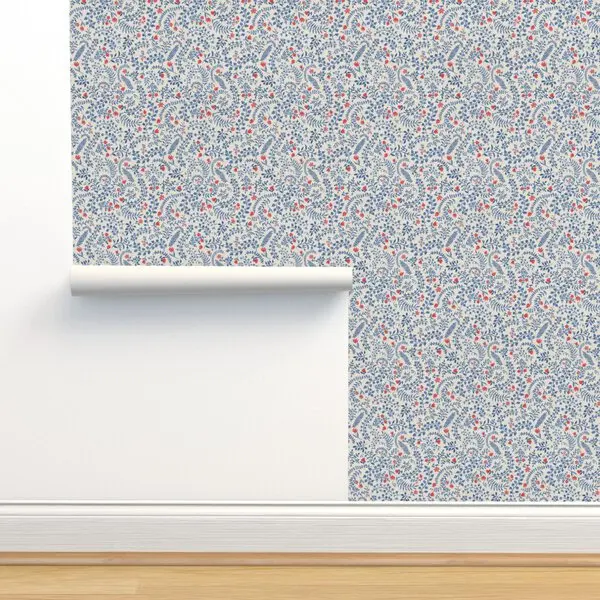 Spoonflower Veronica Americana On Cream 100% Natural Sisal Grasscloth Wallcovering - Red