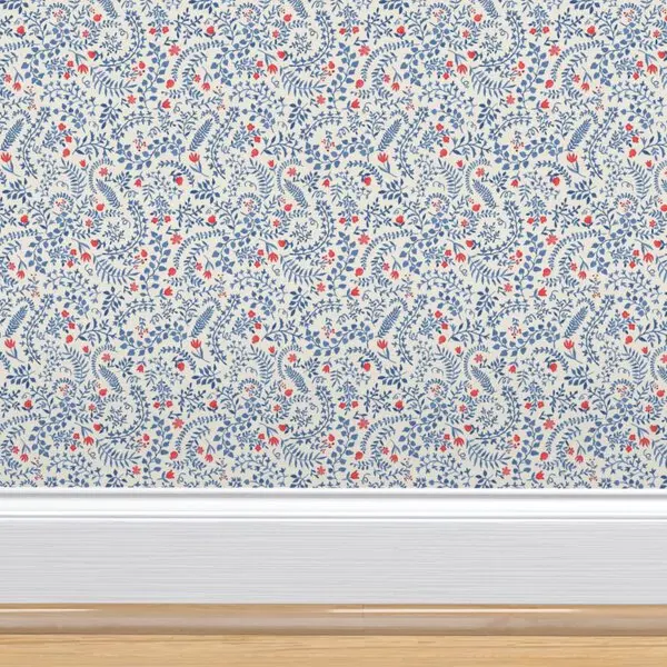 Spoonflower Veronica Americana On Cream 100% Natural Sisal Grasscloth Wallcovering - Red