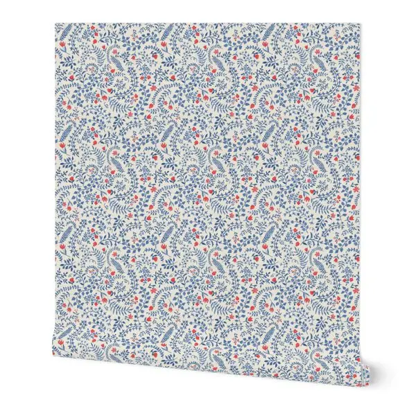 Spoonflower Veronica Americana On Cream 100% Natural Sisal Grasscloth Wallcovering - Red