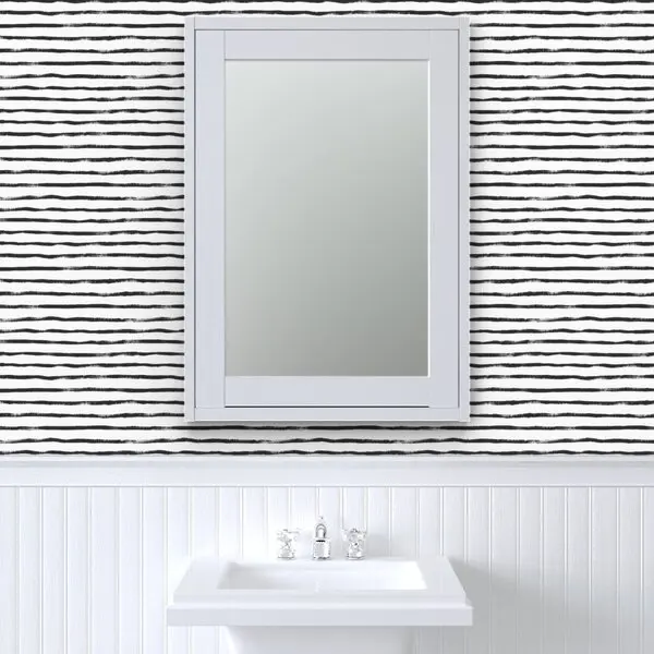Spoonflower Thin Stripe Soft Black White Brushstrokes Custom Removable Wallpaper - White,black