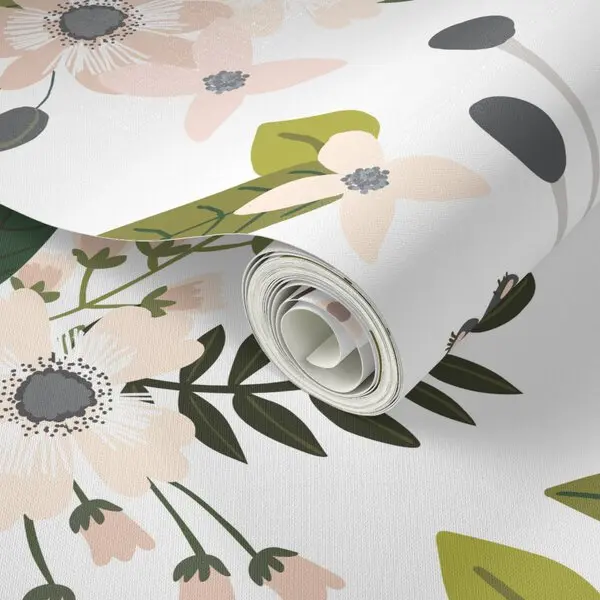 Spoonflower Blush Charcoal Sprigs Blooms Gray Floral Spring Custom Pre-pasted Wallpaper - Green,pink,gray
