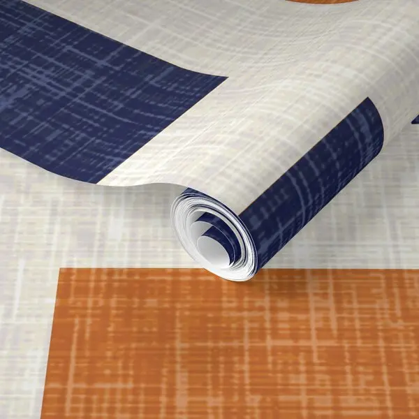 Spoonflower Plus Navy Tangerine Cross Mod Bold Geometric 100% Natural Sisal Grasscloth Wallcovering - Blue,orange,gray