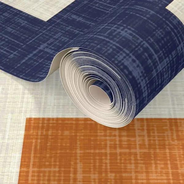 Spoonflower Plus Navy Tangerine Cross Mod Bold Geometric 100% Natural Sisal Grasscloth Wallcovering - Blue,orange,gray