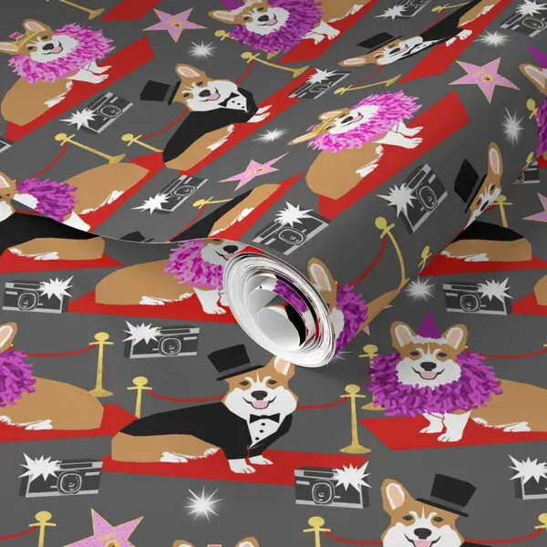 Spoonflower Dog Corgi Corgis Welsh Pattern Custom Pre-pasted Wallpaper - Brown,pink,black