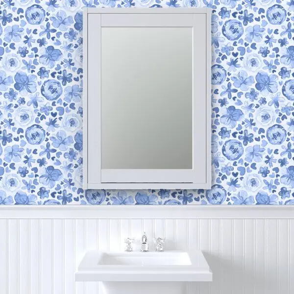 Spoonflower Scattered Flowers Watercolor Perrin Le Feuvre Custom Pre-pasted Wallpaper