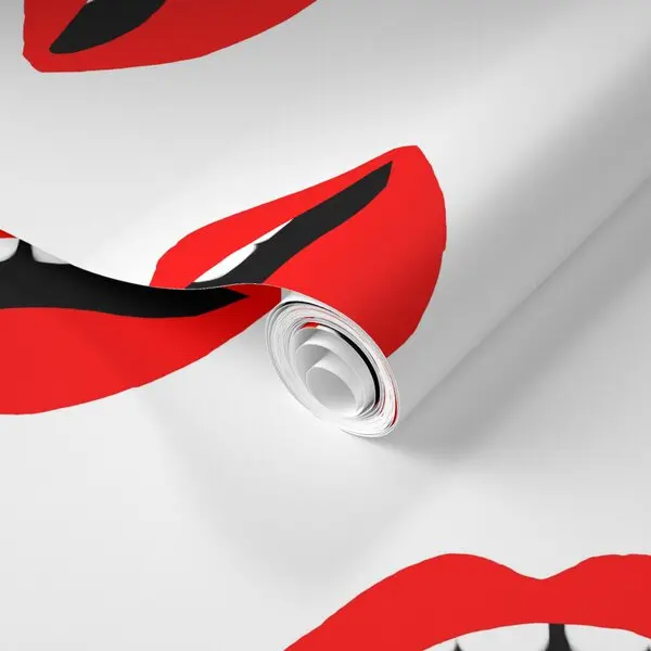 Spoonflower Love Lipstick Lips Red Valentines Beauty Makeup Custom Pre-pasted Wallpaper - Red,white,gray