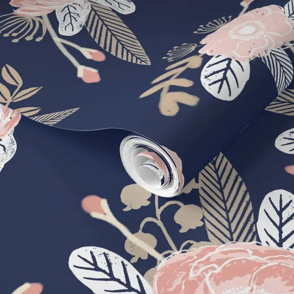Spoonflower Floral Florals Flowers Painted Blush Pink Navy Traditional Wallpaper - Blue,pink,gray