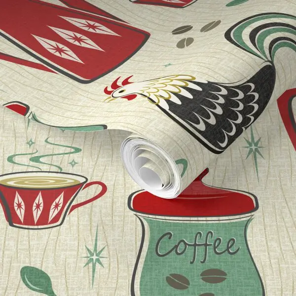 Spoonflower Vintage Retro Coffee 1950s Starburst Spoons Beans Custom Pre-pasted Wallpaper - Red,beige,green