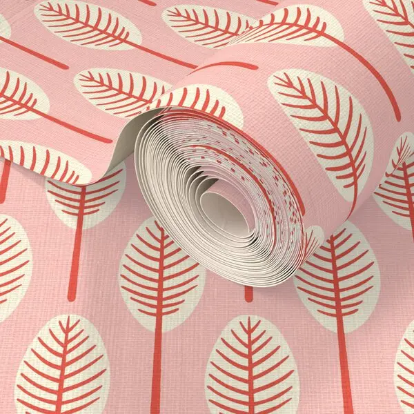 Spoonflower Tropical Leaves Blush Background 100% Natural Sisal Grasscloth Wallcovering - Red,pink