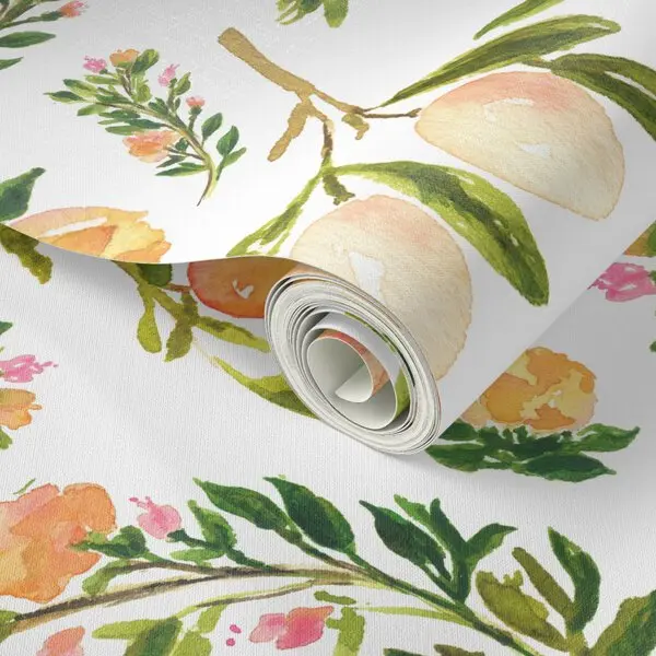 Spoonflower Floral Peaches Peach Summer Branches Tree Flowers Custom Pre-pasted Wallpaper - Pink,gray,green