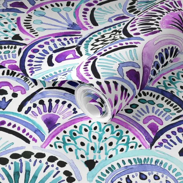 Spoonflower Mermaid Boho Scallop Blue Purple Mystical Fish Custom Pre-pasted Wallpaper - Blue,purple,gray