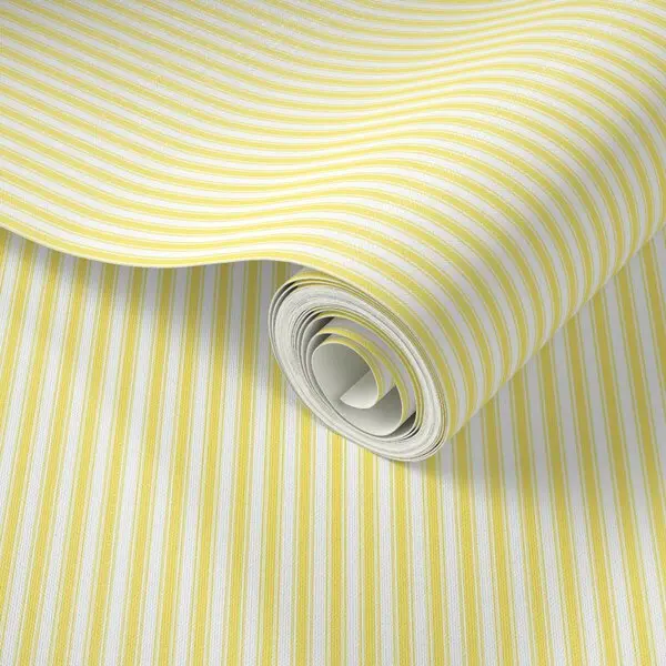 Spoonflower Stripes Lemon Yellow Vertical Striped Custom Pre-pasted Wallpaper - Yellow,white,gray