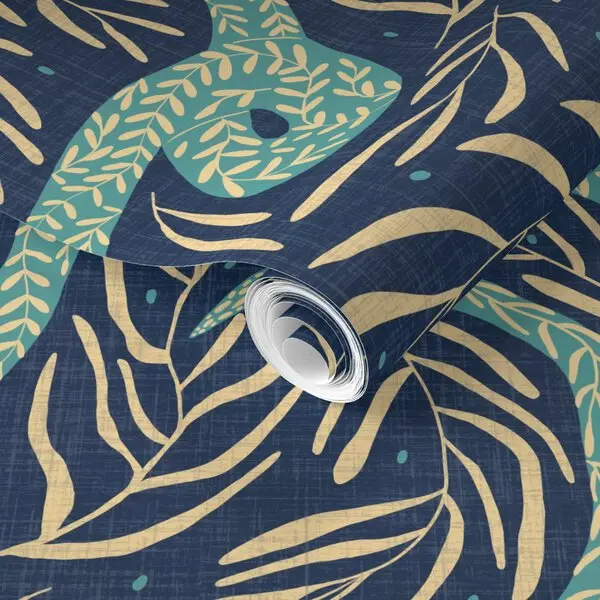 Spoonflower Snake Study Navy Yellow Teal Floral Feminine Traditional Wallpaper - Blue,green,gray