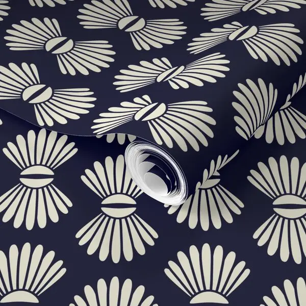 Spoonflower Geometric Abstract Seashell Seaside Beachy Custom Pre-pasted Wallpaper - Blue,white,black