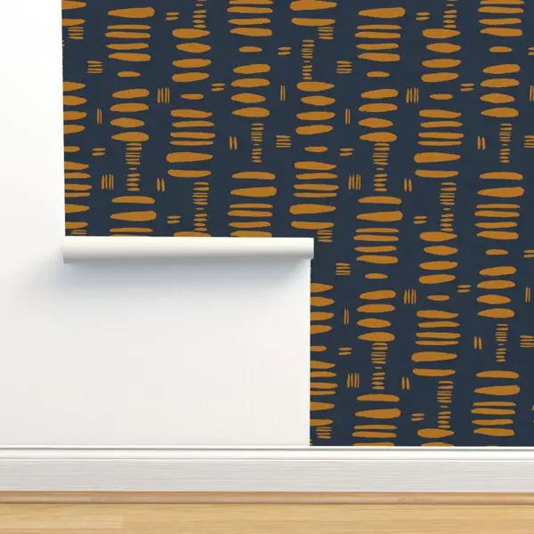 Spoonflower Urban Pebbles Desert Sun 100% Natural Sisal Grasscloth Wallcovering - Blue,orange,navy