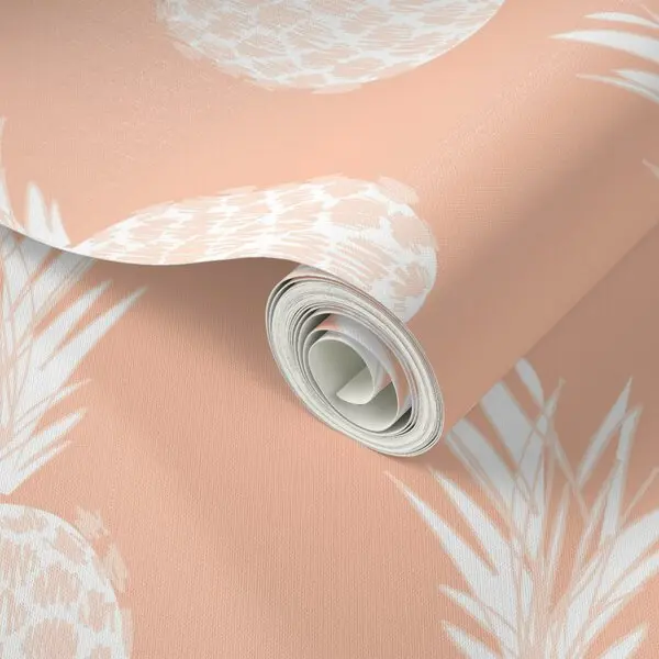 Spoonflower Fruit Peach Tropical Hawaii Pineapple Island Aloha Traditional Wallpaper - Pink,beige,brown